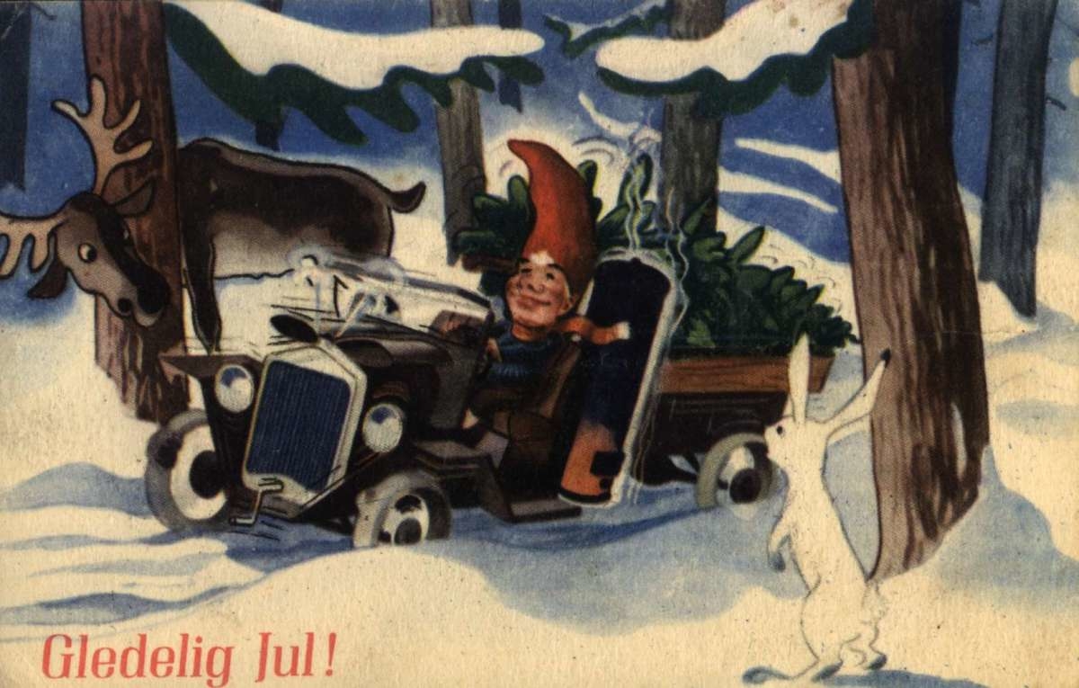 Julekort. Nyttårshilsen. Vintermotiv. Skog. Julenisse i bil. Juletre på ...